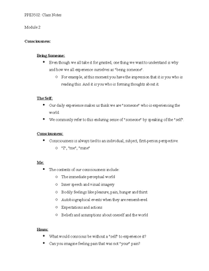PPE3502-Module 7Notes - PPE3502: Class Notes Module 7 Consciousness ...