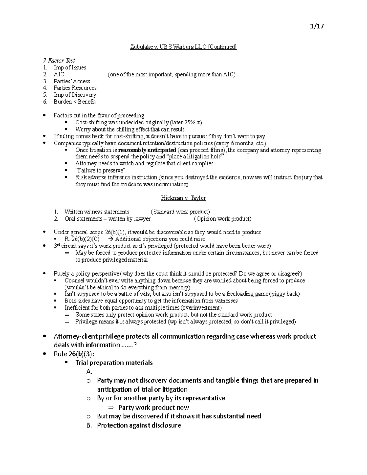 Notes 5 - 1/ Zubulake v. UBS Warburg LLC [Continued] 7 Factor Test Imp ...