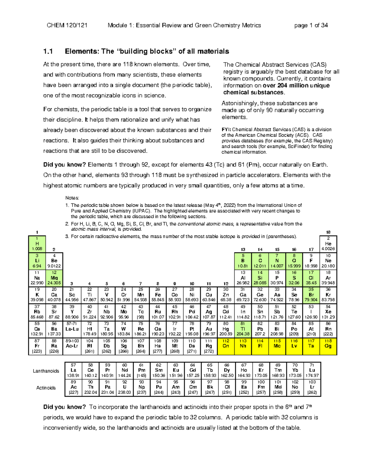 Module 1 - 1. 1 Elements: The “building blocks” of all materials At the ...
