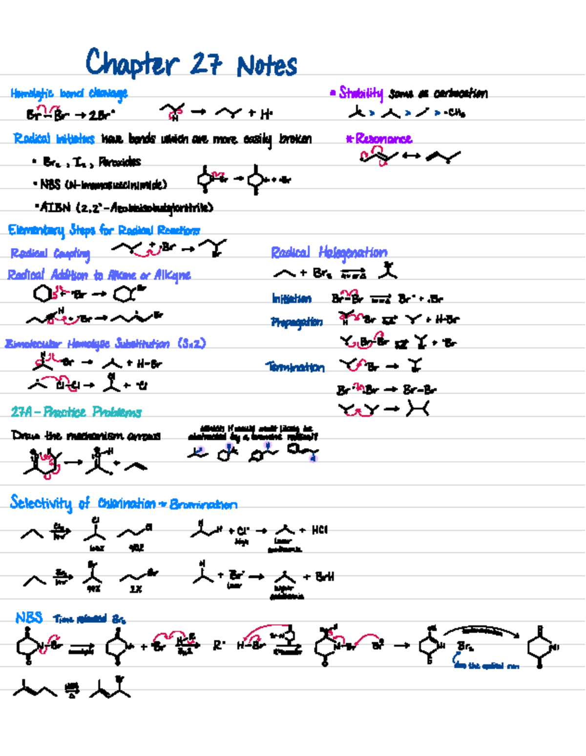 O Chem Notes 27 - Radicals (MAIN) -Homolytic Bond Cleavage -Elementary ...