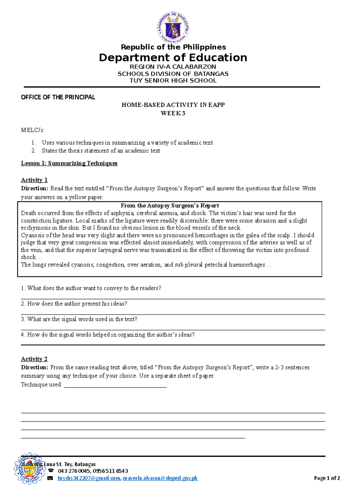 HOME Based Activity IN EAPP WEEK 3 - Republic of the Philippines Department of Education REGION ...