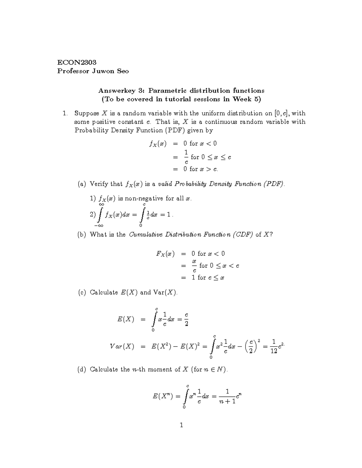 Answerkey 3 - answer - ECON Professor Juwon Seo Answerkey 3: Parametric ...