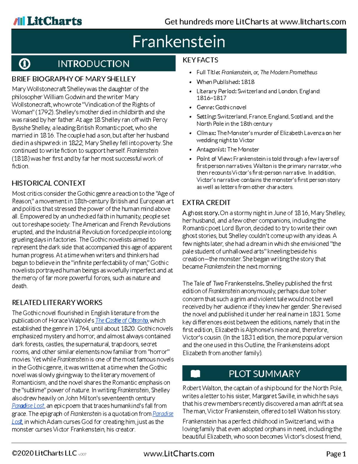 Frankenstein-Lit Chart - Frankenstein BRIEF BIOGRAPHY OF MARY SHELLEY ...