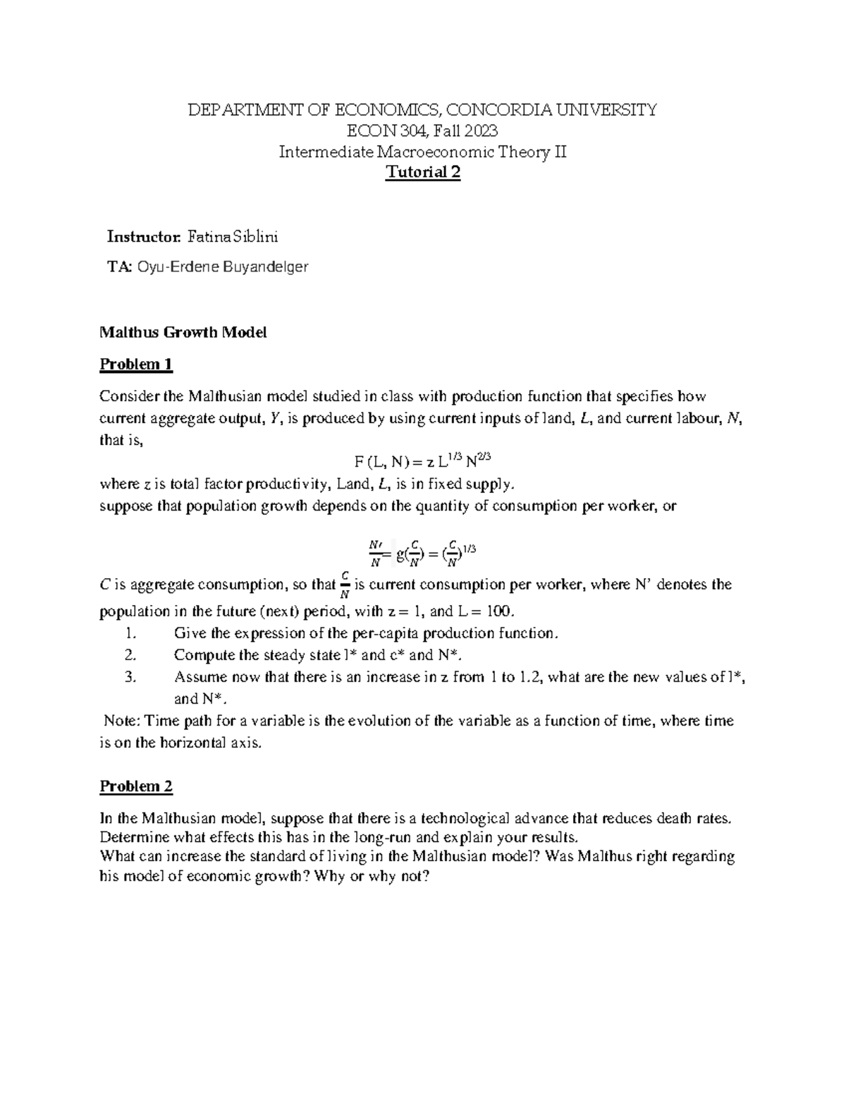 Tutorial 2-Fall2023 - DEPARTMENT OF ECONOMICS, CONCORDIA UNIVERSITY ECON 304, Fall 2023 ...