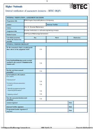 Database - esoft assignment - Higher Nationals Internal verification of assessment decisions ...