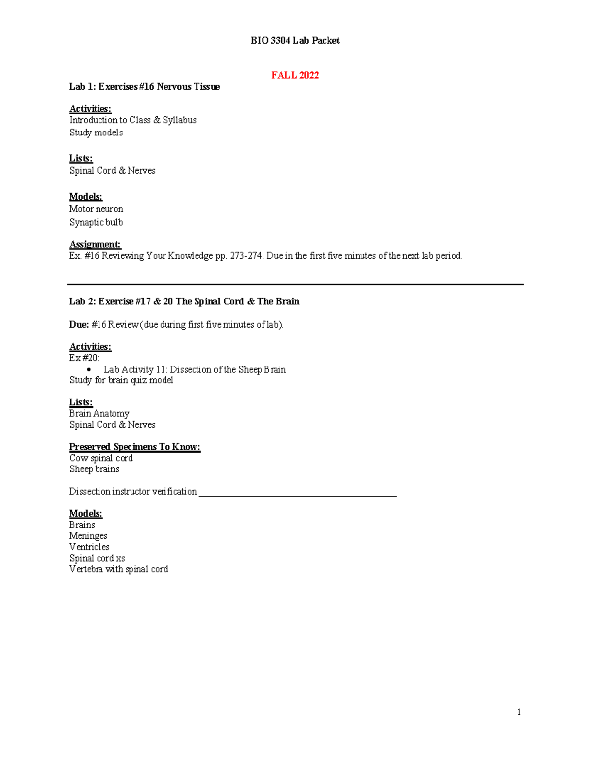 BIO 3304 Lab Packet - Show all the parts you will be review in lab for ...