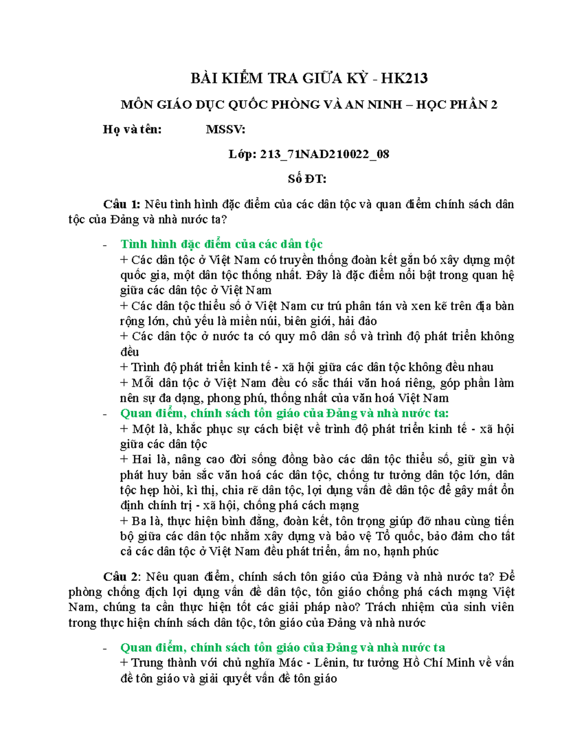 GDQP2 giữa kì - GDQP 2 giữa kì - BÀI KIỂM TRA GIỮA KỲ - HK MÔN GIÁO DỤC QUỐC PHÒNG VÀ AN NINH ...