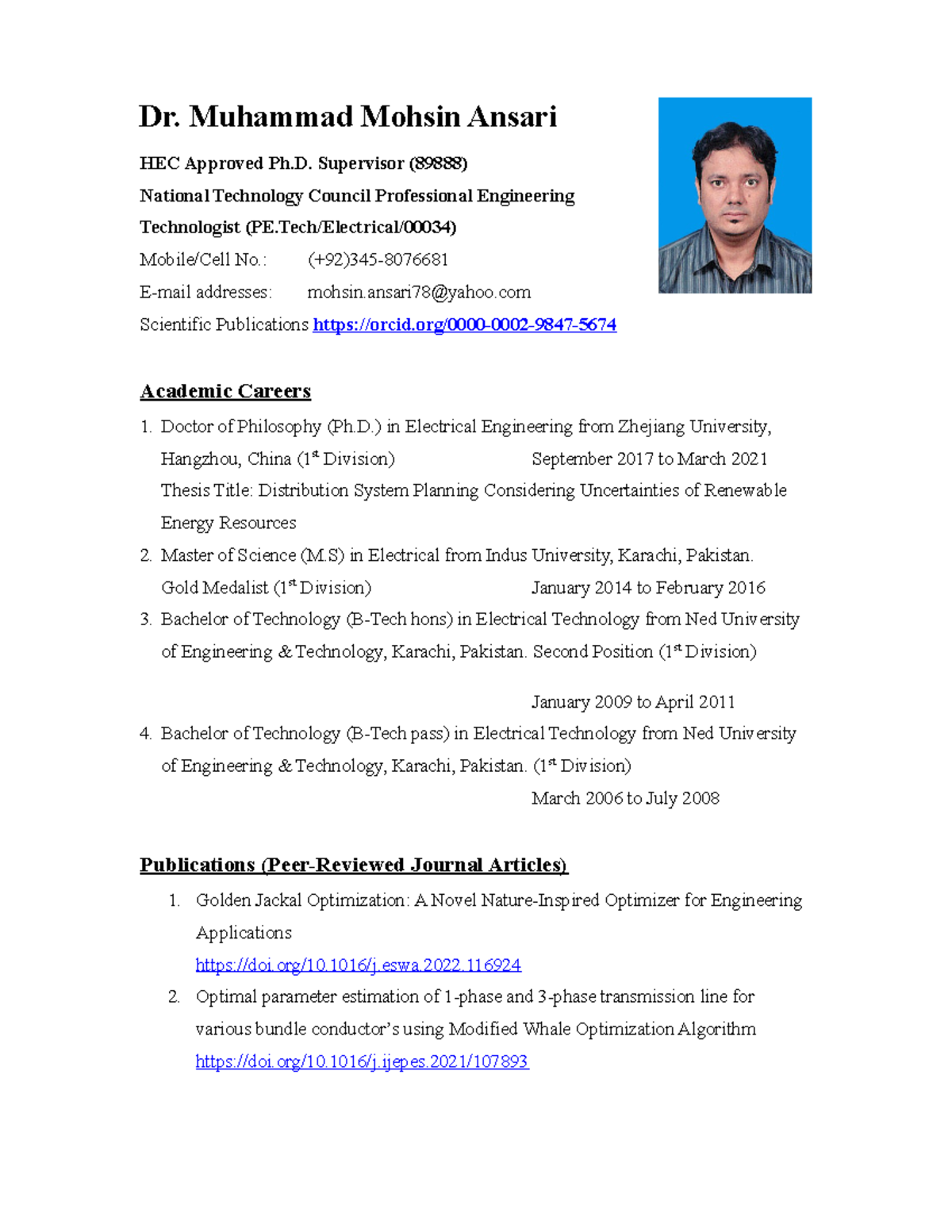 CV. Dr. M.Mohsin Ansari - Dr. Muhammad Mohsin Ansari HEC Approved Ph ...