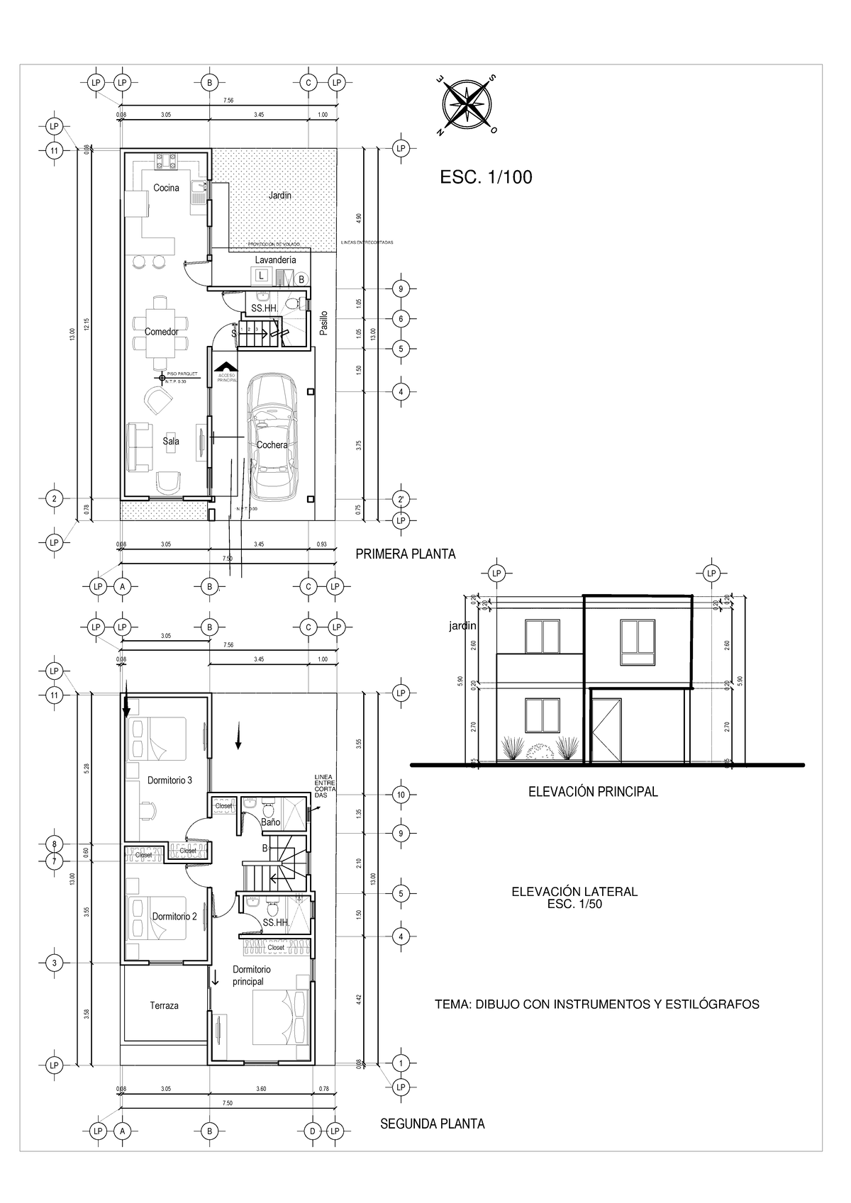 Dibujo arq. plano dos niveles elevaciones cortes - S Jardín L B Cocina ...