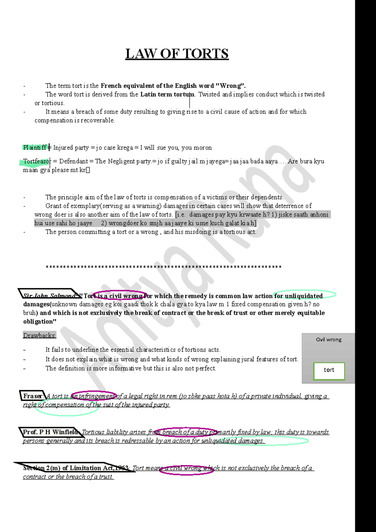 LAW OF Torts - LAW OF TORTS - The term tort is the French equivalent of ...