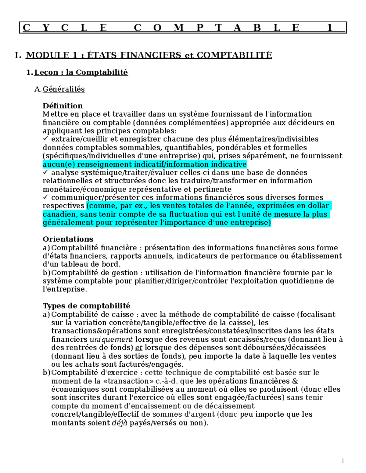 Cycle Comptable O-1 - C Y C L E C O M P T A B L E 1 I. MODULE 1 : ÉTATS ...