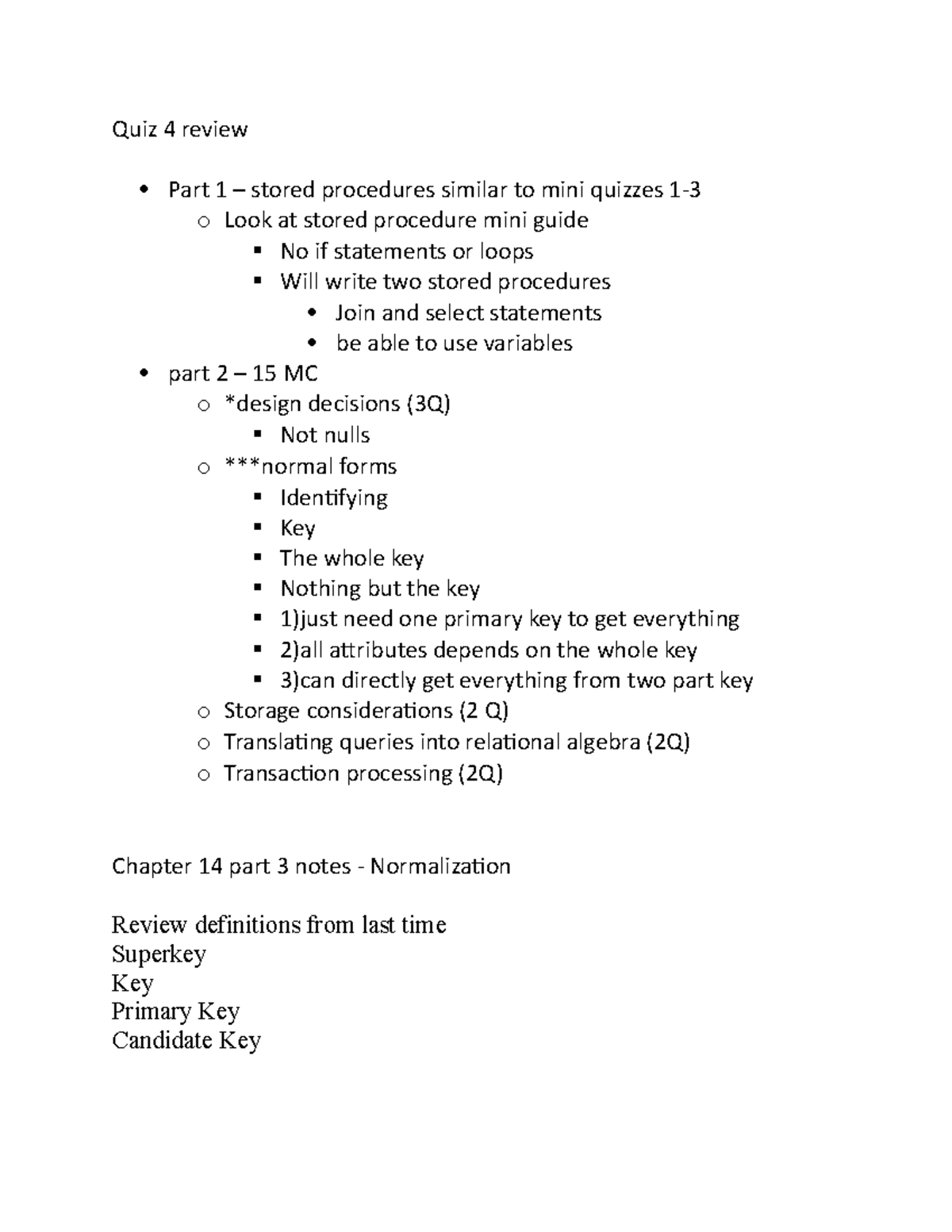 Chapter 14 part 3 notes - Quiz 4 review Part 1 – stored procedures ...
