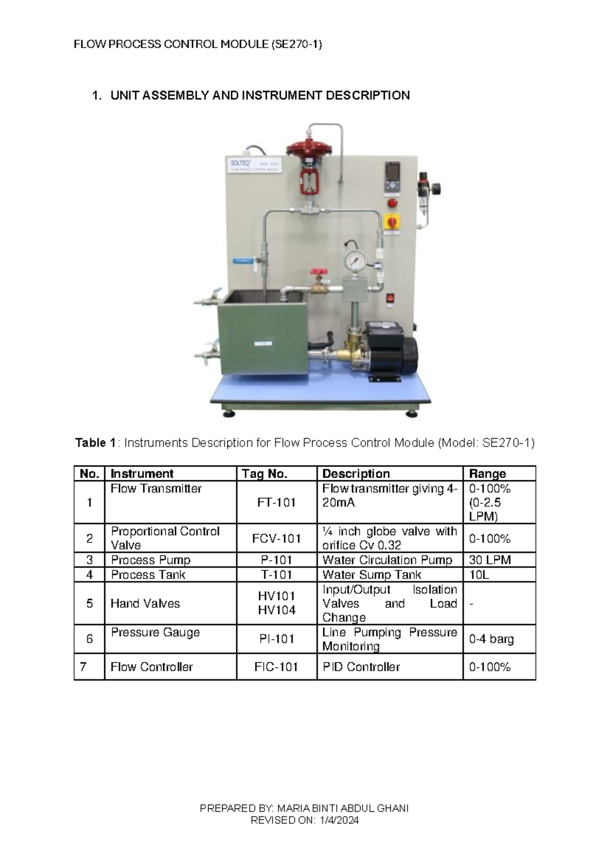 Bench Scale SOP CHE239 - turun said he - FLOW PROCESS CONTROL MODULE (SE270-1) PREPARED BY ...