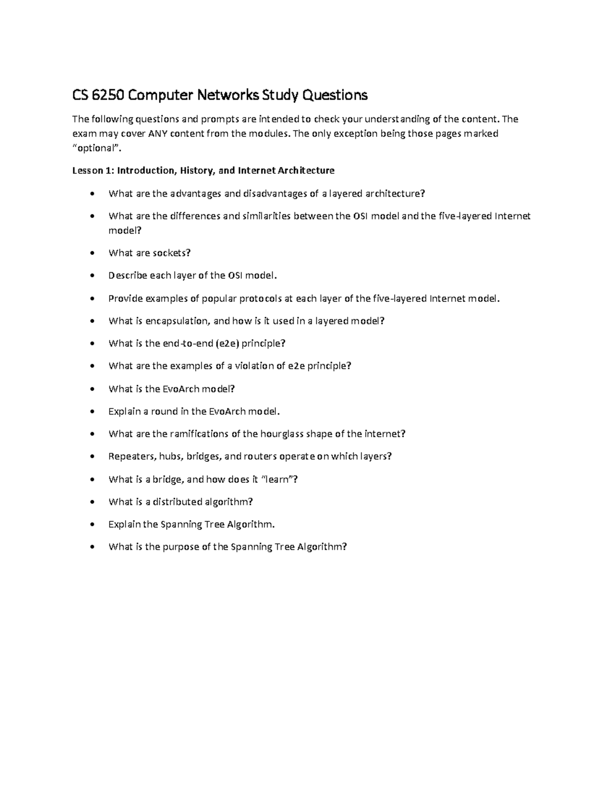 CS6250 Study Questions - CS 6250 Computer Networks Study Questions The following questions and ...
