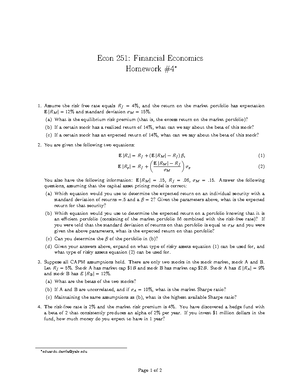 05 homework - PROBLEM SET 5 - Econ 251: Financial Economics Homework ∗ Suppose that the ...