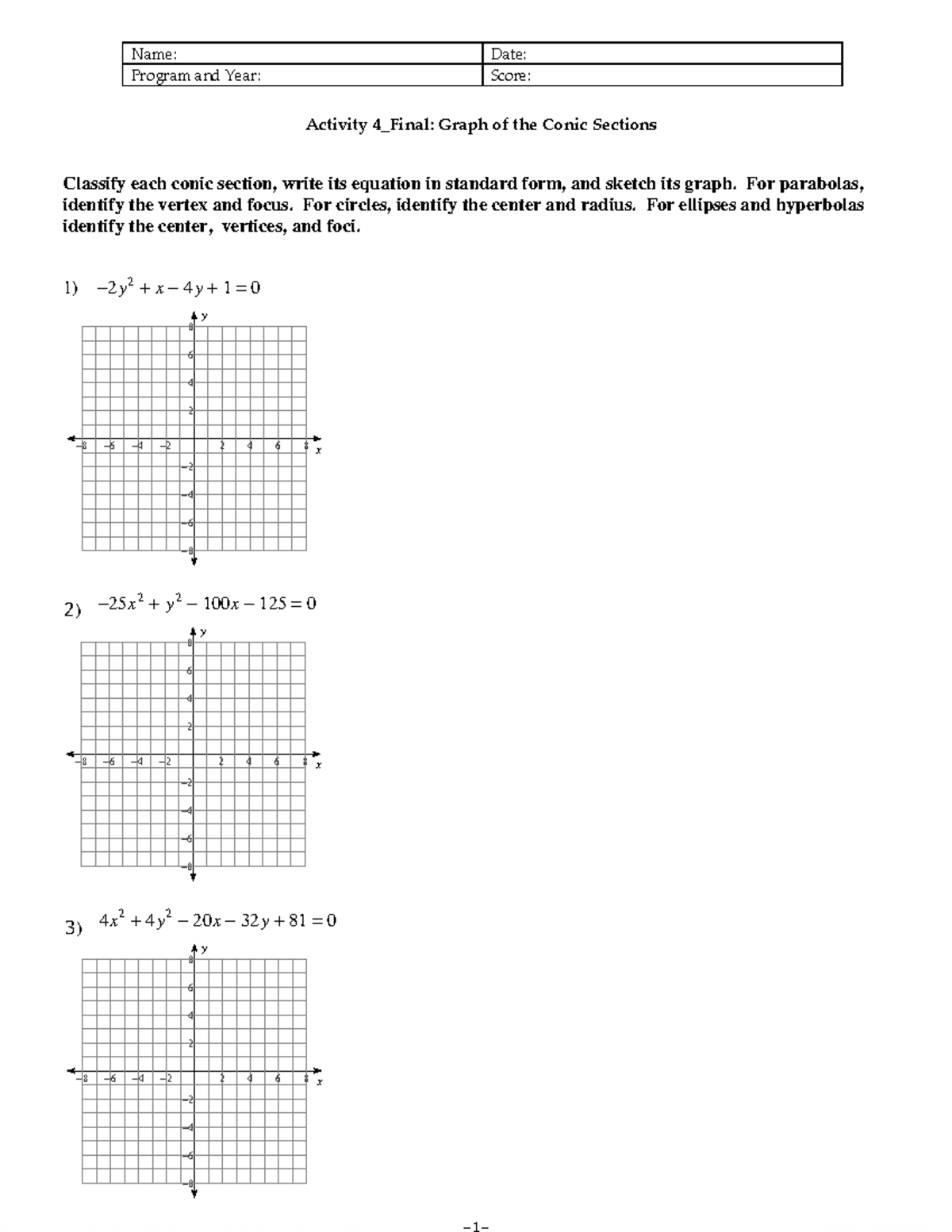 Activity 4 Final (Sketch the Graph of the Conic Sections) - ©h 92 Z 0 u ...