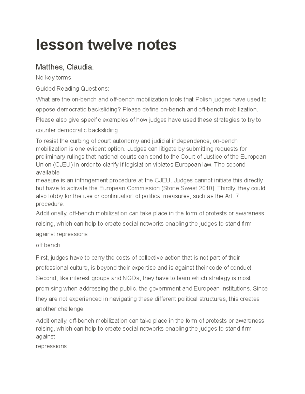 Lesson twelve notes - lesson twelve notes Matthes, Claudia. No key ...