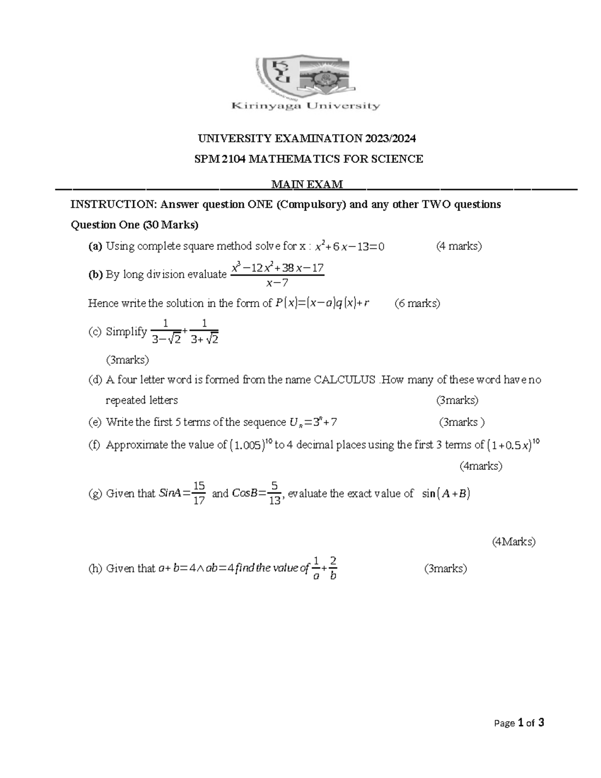 Spm 2104 - UNIVERSITY EXAMINATION 2023/ SPM 2104 MATHEMATICS FOR ...