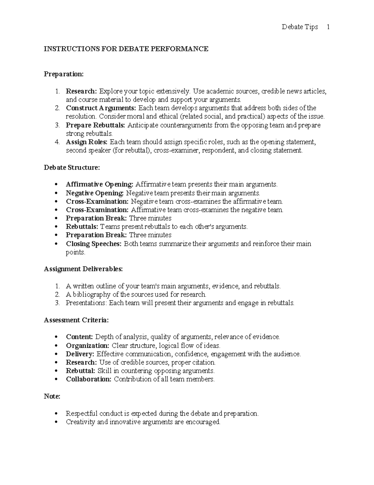 Debate tips and conduct - INSTRUCTIONS FOR DEBATE PERFORMANCE ...