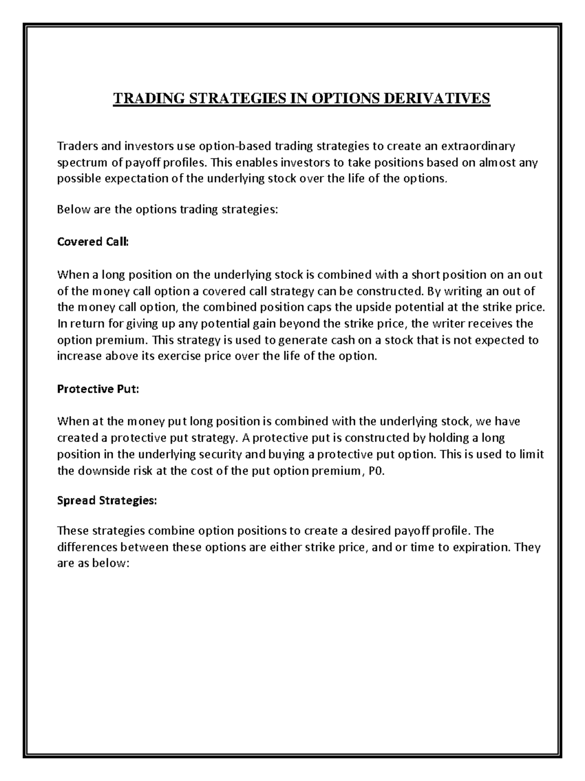 Trading Strategies IN Options Derivatives - TRADING STRATEGIES IN ...