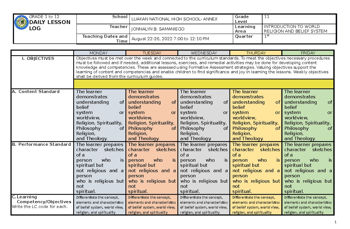 Intro TO World Religion W1 - GRADE 1 to 12 DAILY LESSON LOG School ...