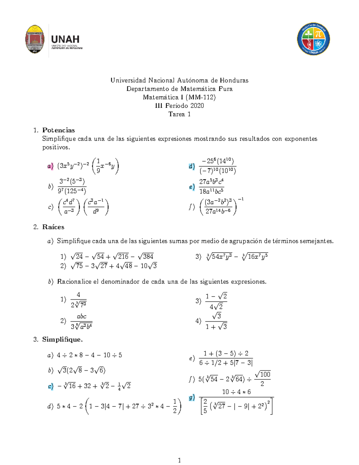 Tarea 1 - Ejercicios de pratica de potencias y factorizacion - Universidad Nacional Aut ́onoma ...