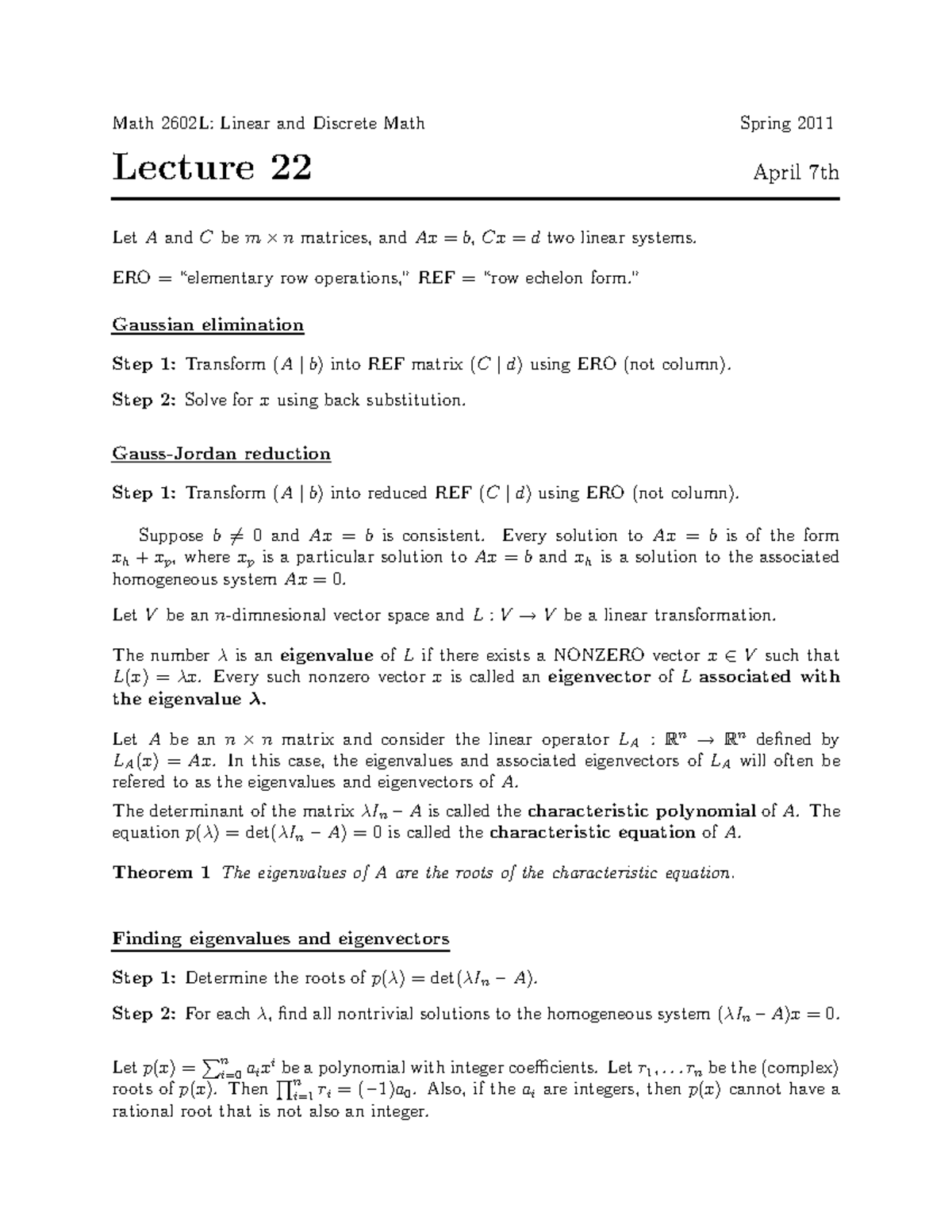 MATH 2602 2010-2011 Lecture 22 - Math 2602L: Linear and Discrete Math ...