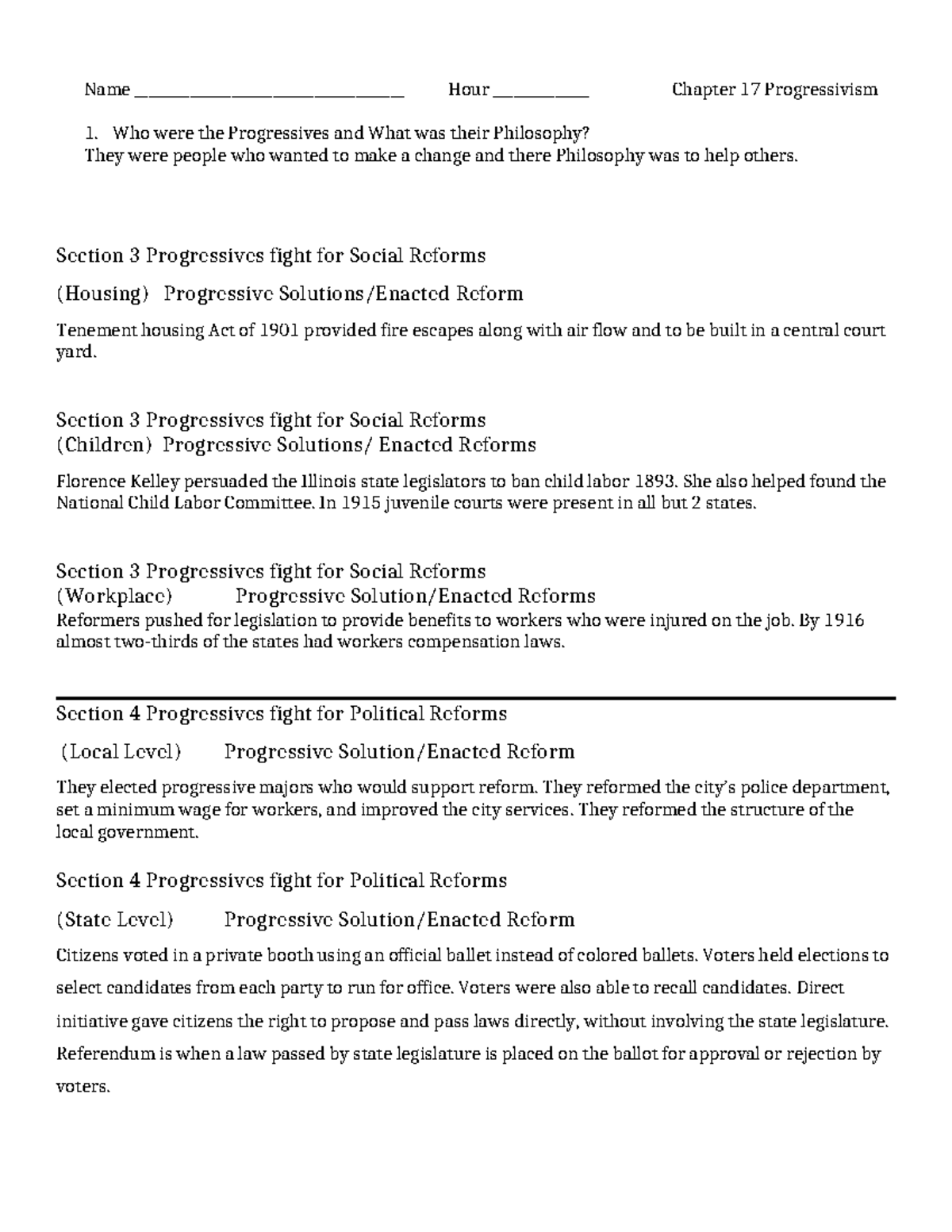 Chpt. 17 Progressivism Reforms - Name _______________________________________ Hour ...