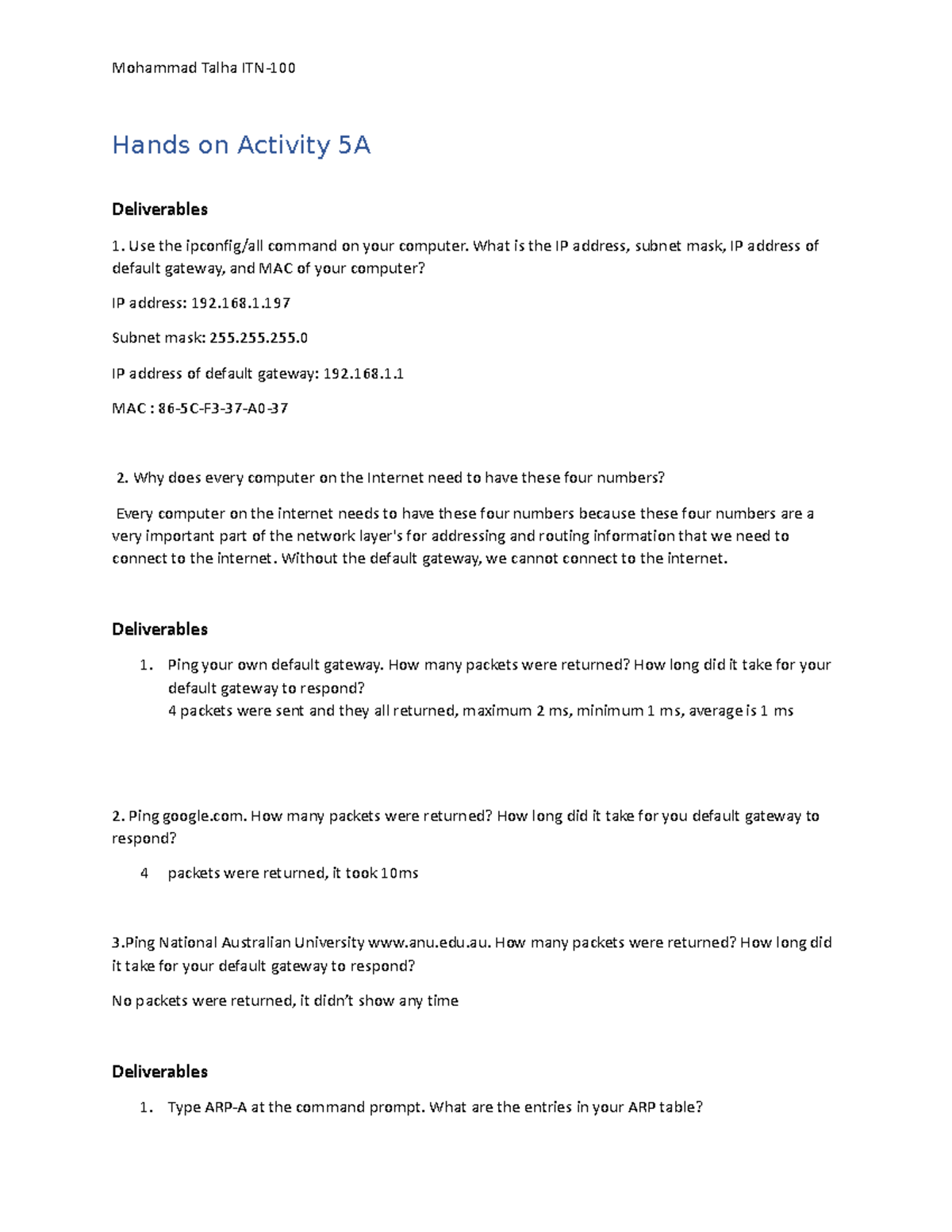5A MT - Hands on activity 5A - Mohammad Talha ITN- Hands on Activity 5A ...