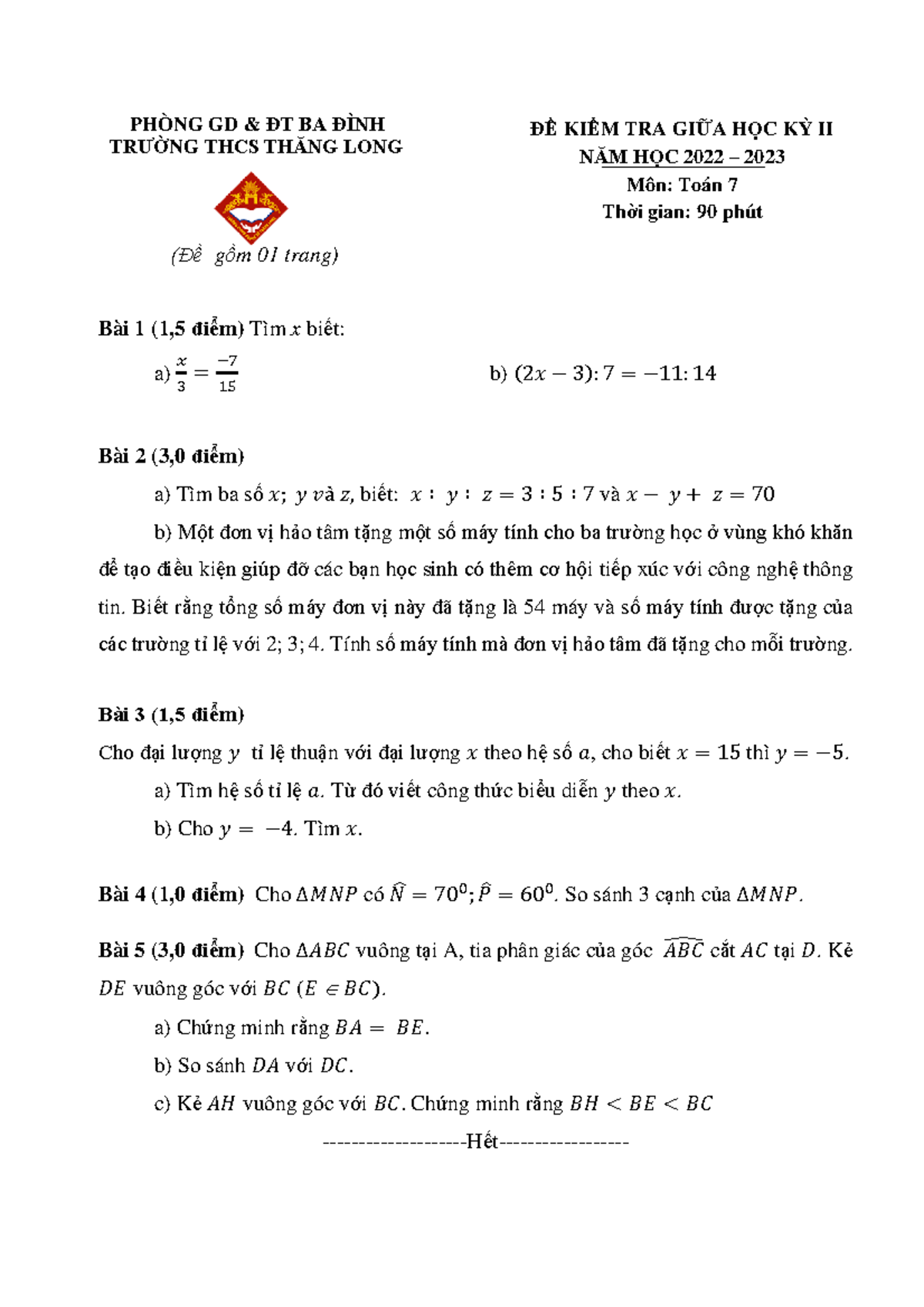 De giua hoc ky 2 toan 7 nam 2022 2023 truong thcs thang long ha noi - PHÒNG GD & ĐT BA ĐÌNH ...