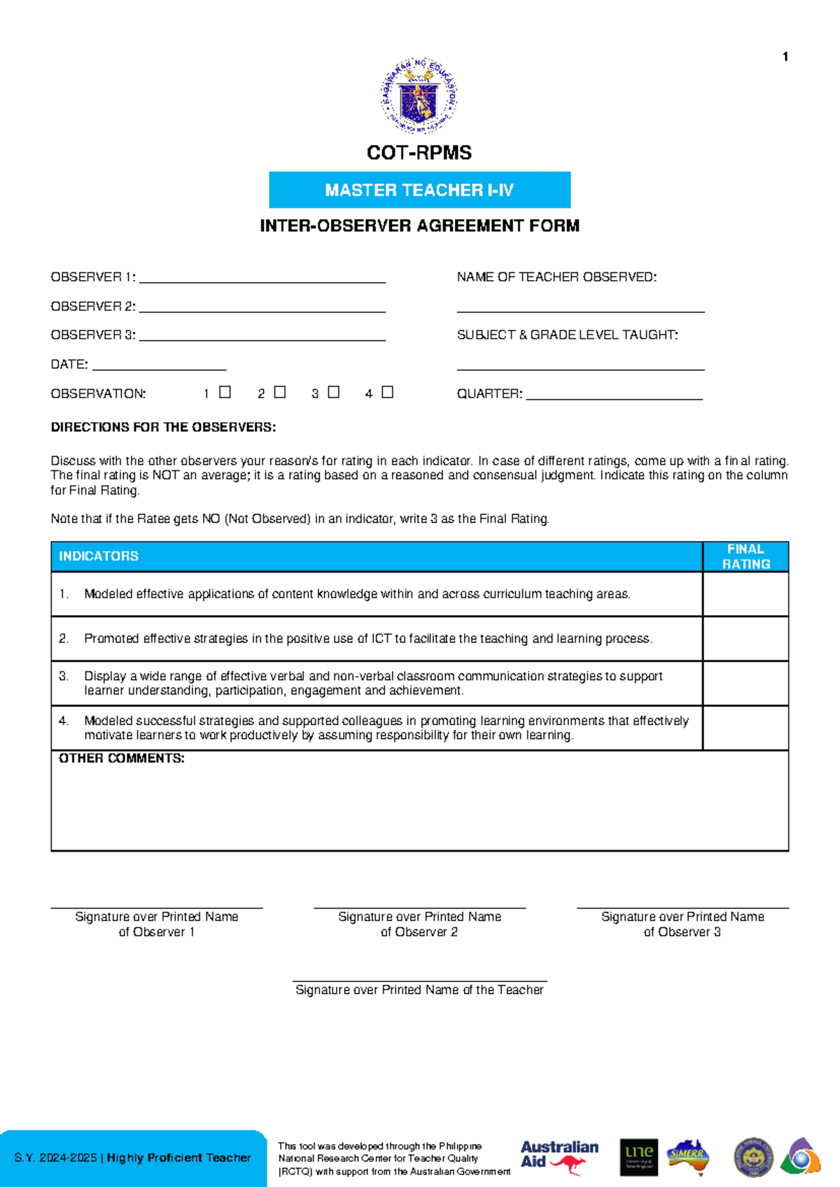 [Appendix C-19] COT-RPMS Inter-observer Agreement Form for MT I-IV for ...