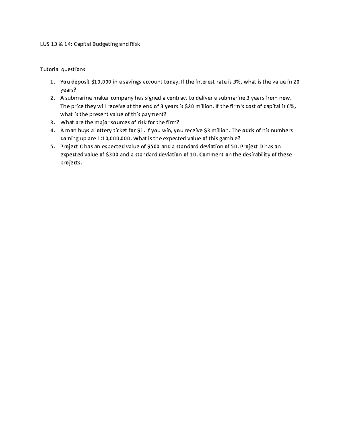 Tutorial-Capital budgeting and Risk - LUS 13 & 14: Capital Budgeting ...