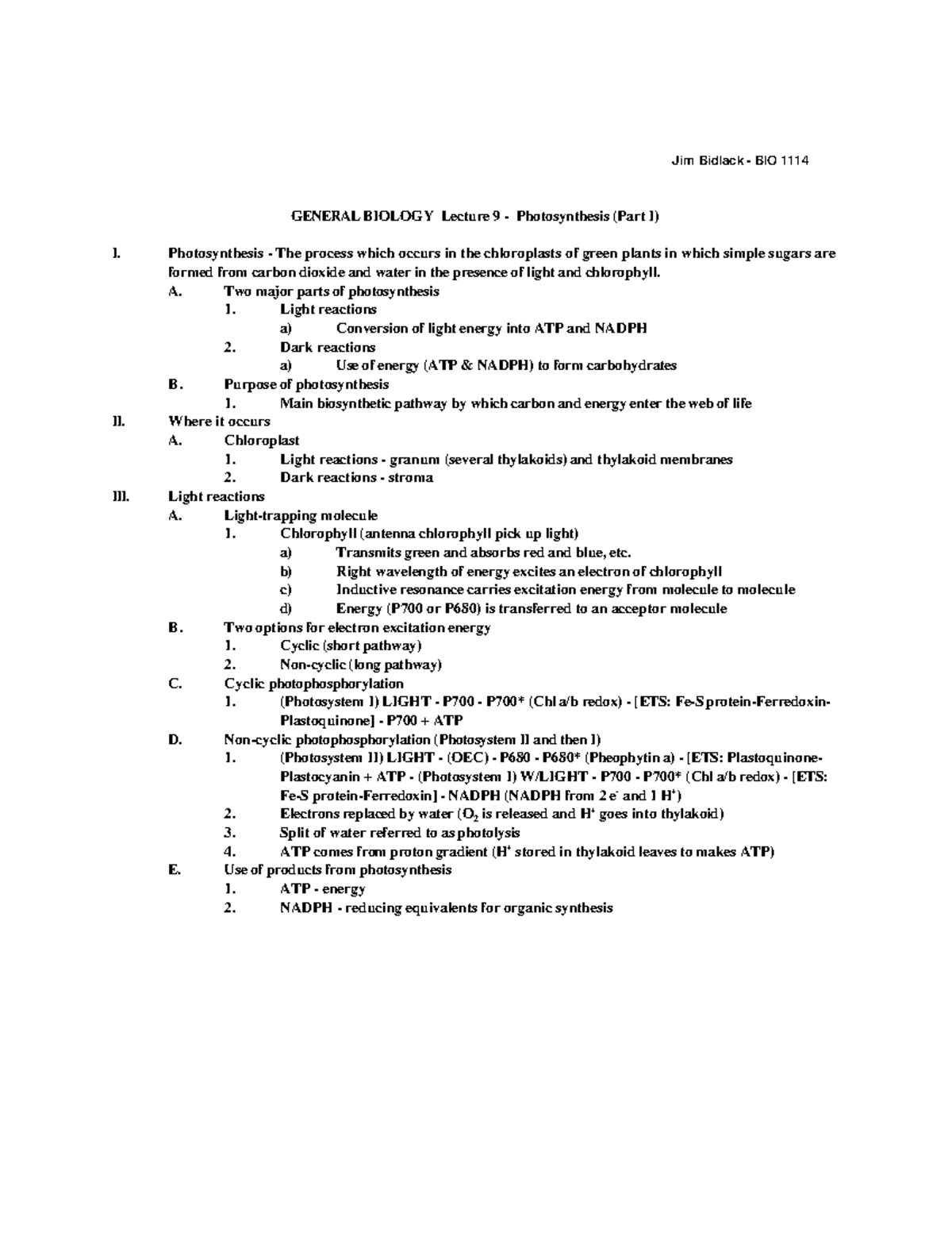 L09-Photo - Photsynthesis Notes - Jim Bidlack - BIO 1114 GENERAL ...