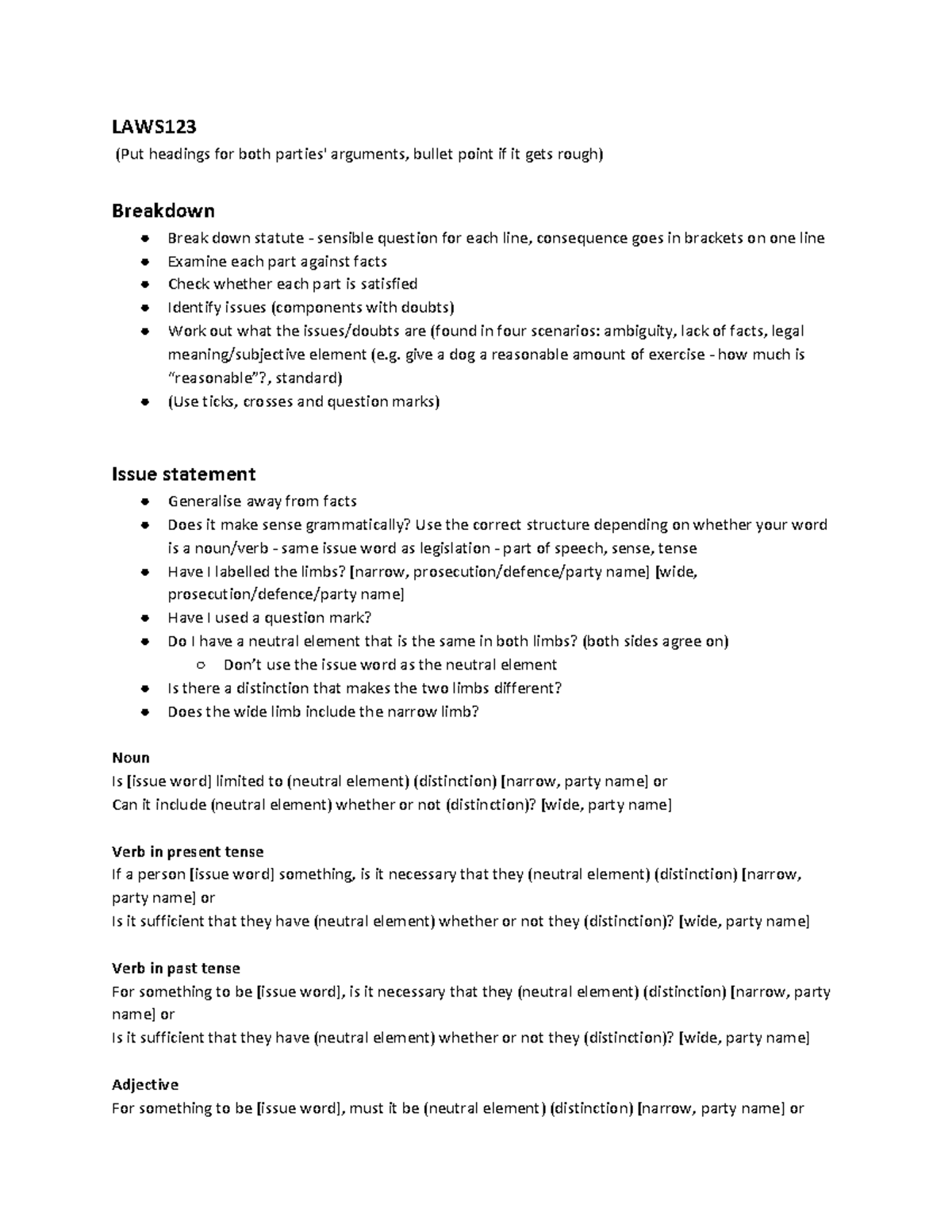 LAWS123 - Cheat Sheet - LAWS (Put headings for both parties' arguments, bullet point if it gets ...