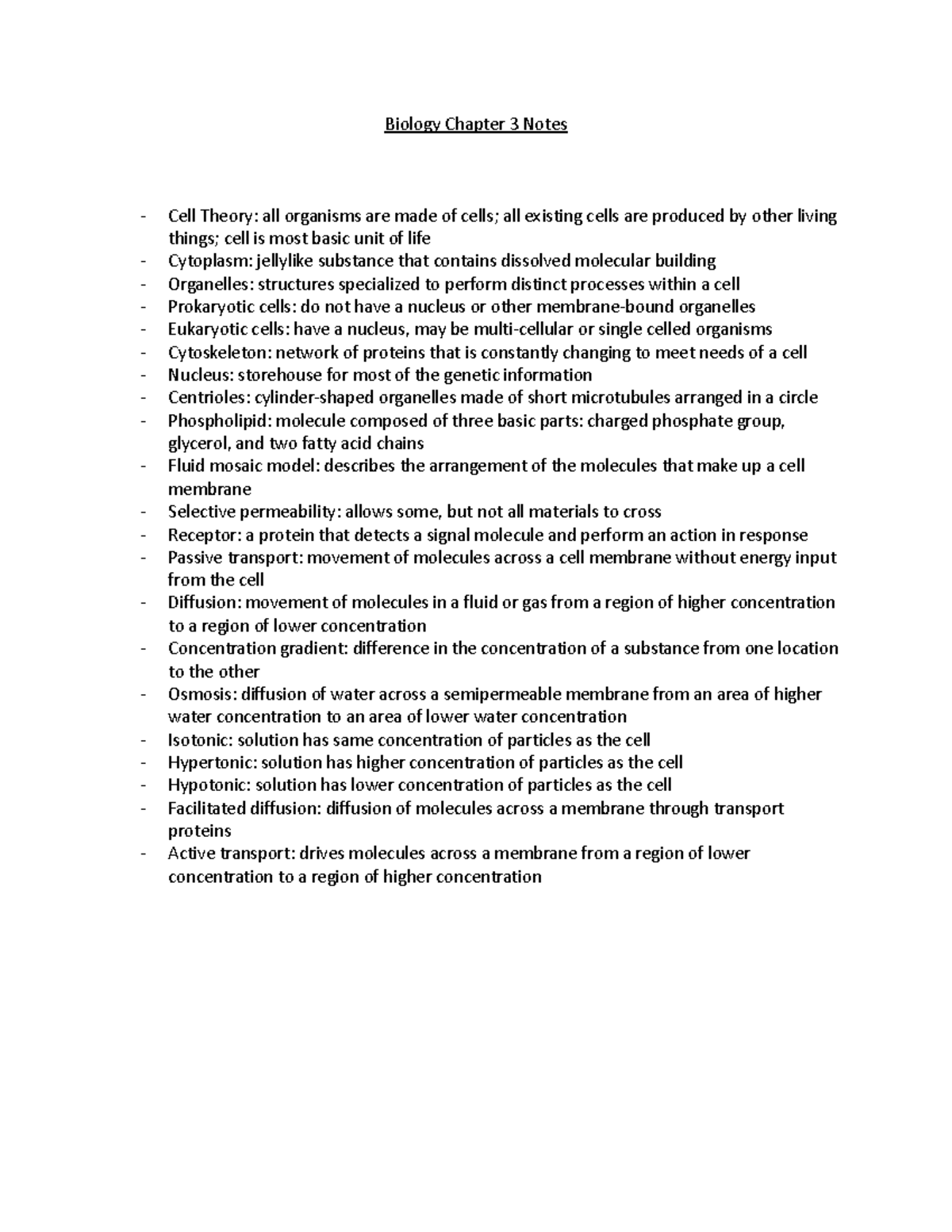 Biology Chapter 3 Notes - Biology Chapter 3 Notes Cell Theory: all ...