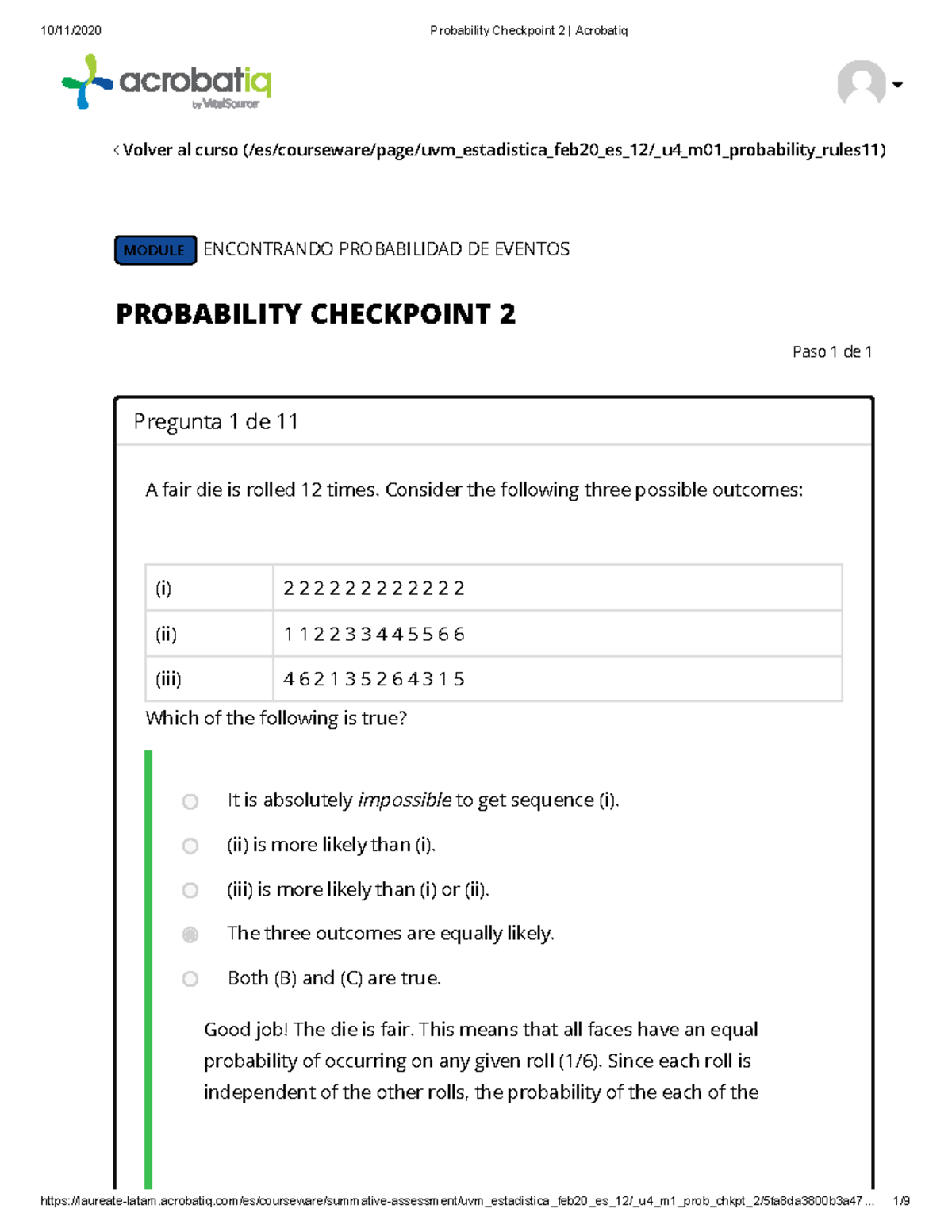 04 Probability Checkpoint 2 Acrobatiq - MODULE ENCONTRANDO PROBABILIDAD DE EVENTOS PROBABILITY ...