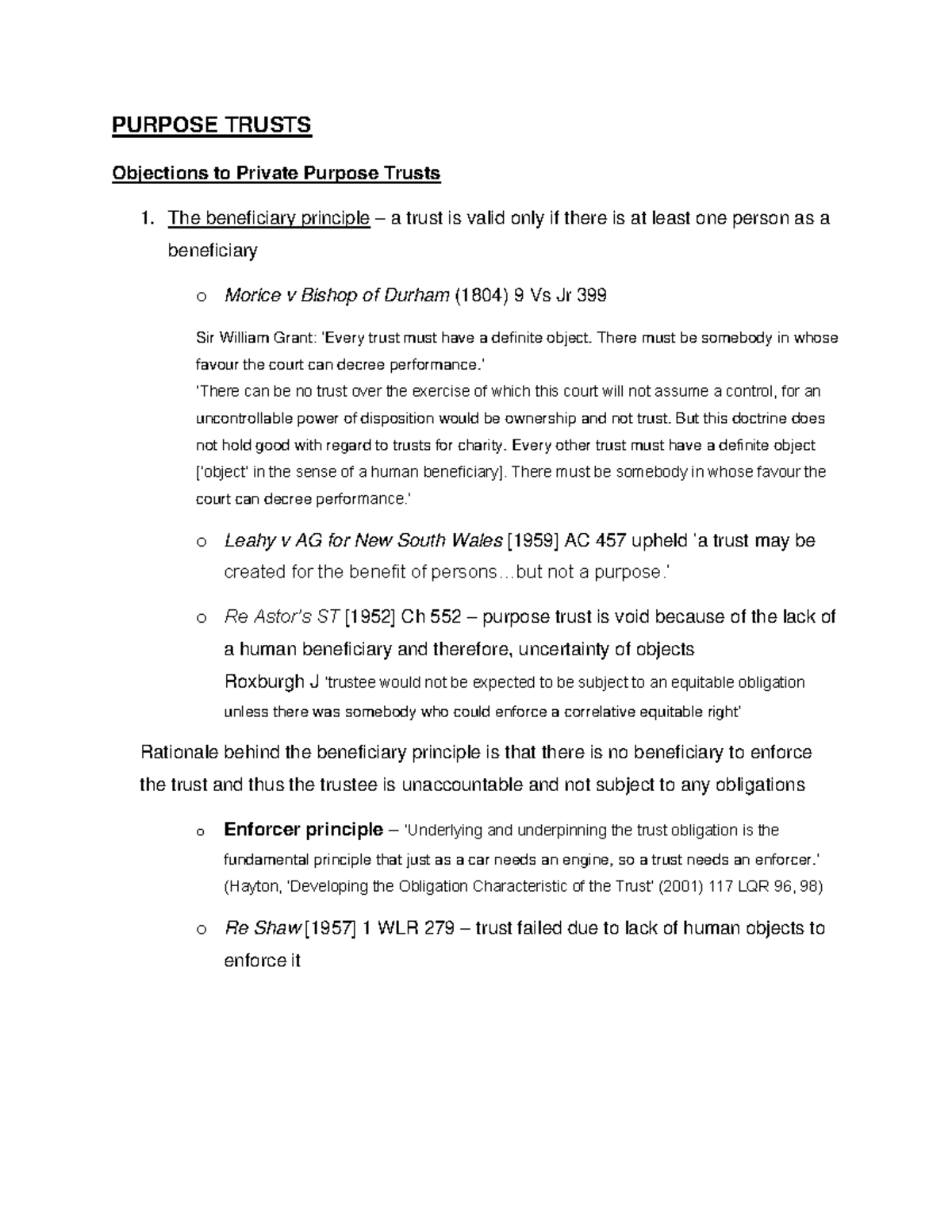 Equity - PURPOSE TRUSTS Objections to Private Purpose Trusts 1. The ...