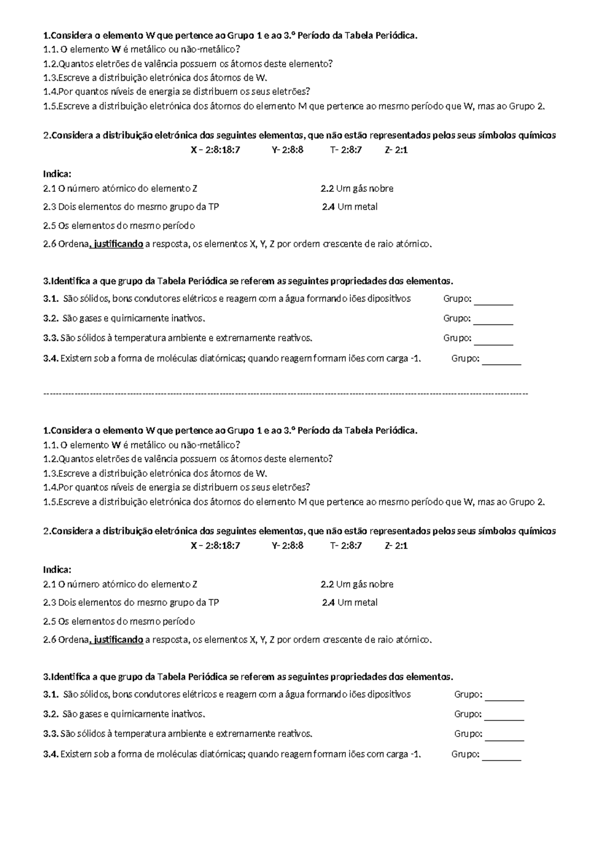 Exercicio aula quimica - 1 o elemento W que pertence ao Grupo 1 e ao 3 ...
