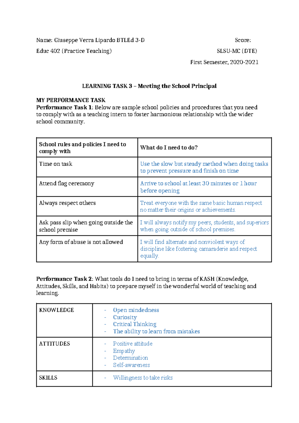 Practice Teaching - Learning Task 3 - Name: Giuseppe Verra Lipardo ...