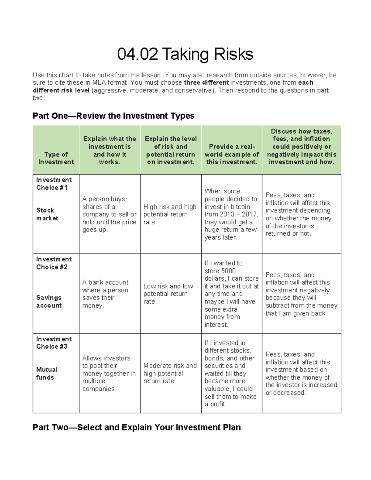 Taking risks worksheet - 04 Taking Risks Use this chart to take notes ...