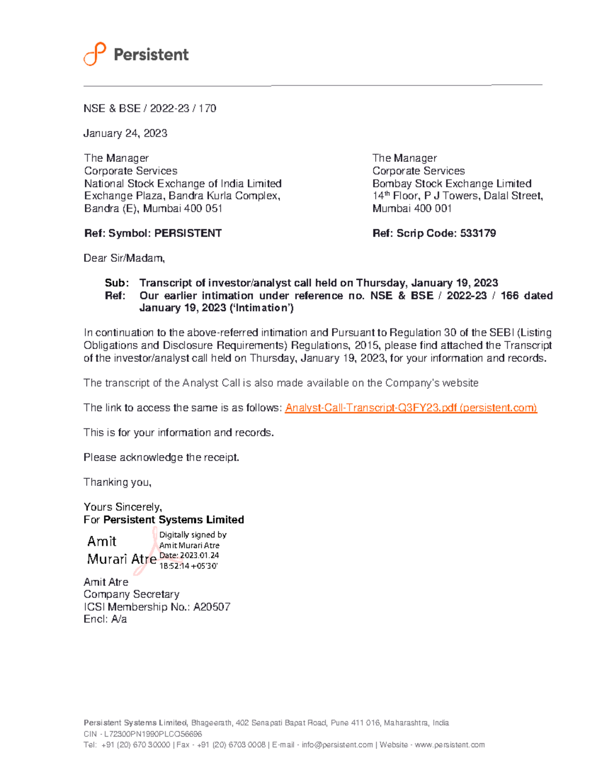 Persistent concall jan 2023 - Persistent Systems Limited, Bhageerath ...