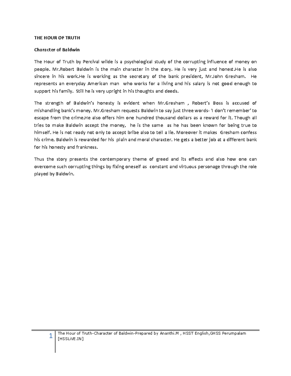 XII English unit2 lesson 3 Character sketch hsslive - 1 The Hour of ...