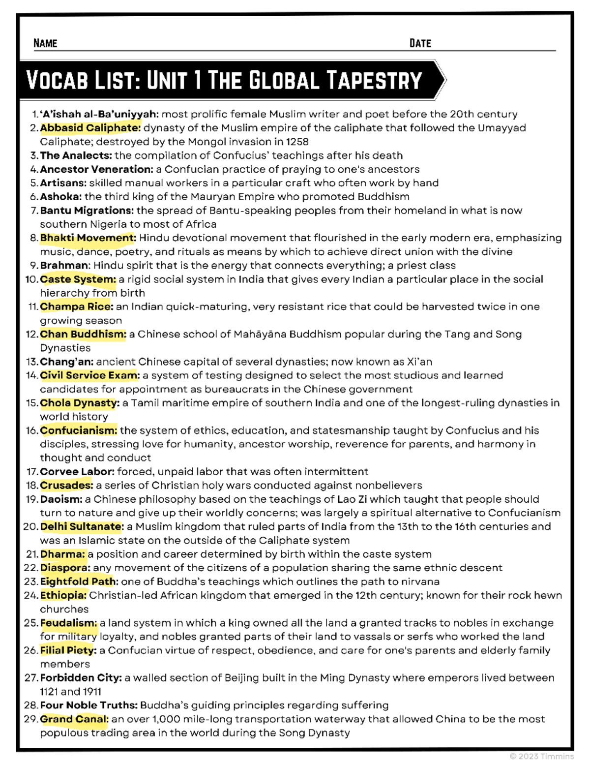 Unit 1 Vocab List for Students PDF - NAME DATE VOCAB LIST: UNIT 1 THE ...