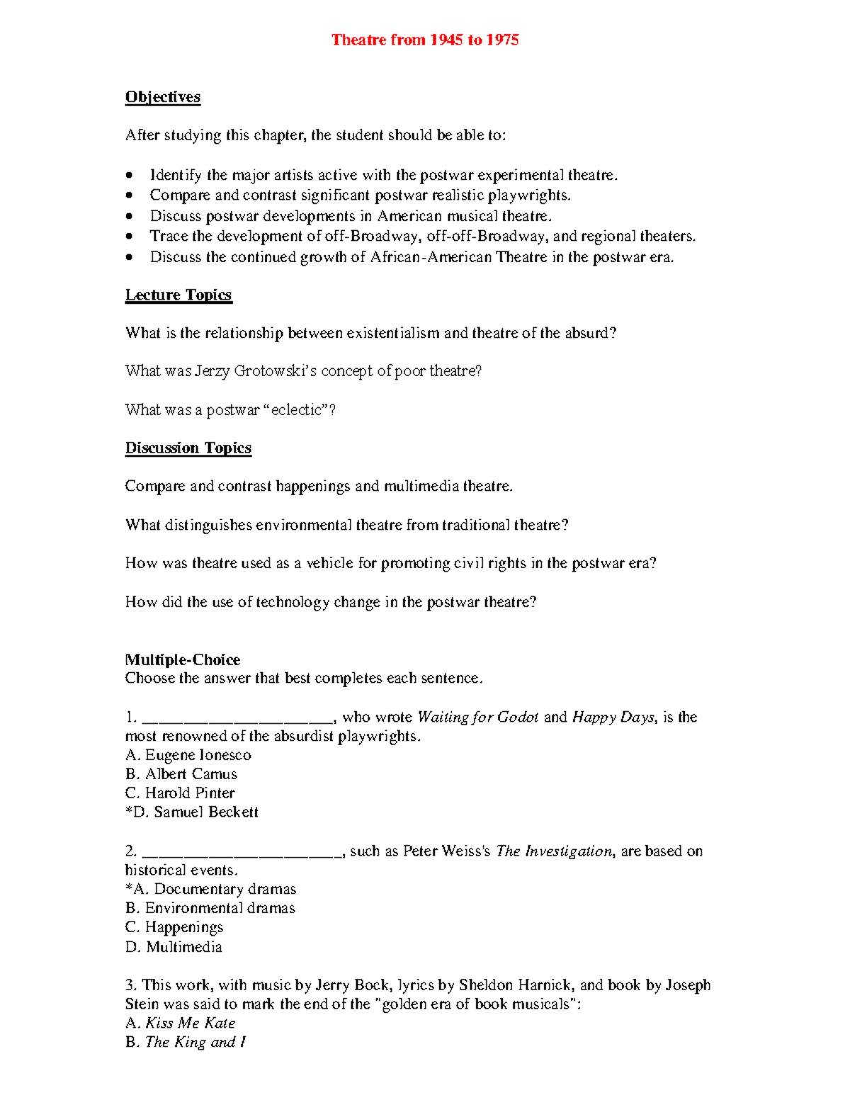 Ch14 Theatre from 1945 to 1975 - Theatre from 1945 to 1975 Objectives ...