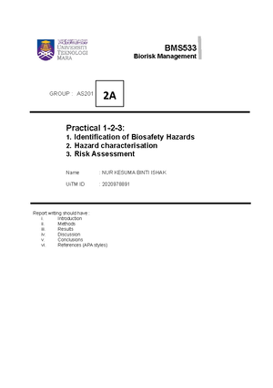 Finale BMS533 Practical Class Folio - biorisk management - UiTM - Studocu