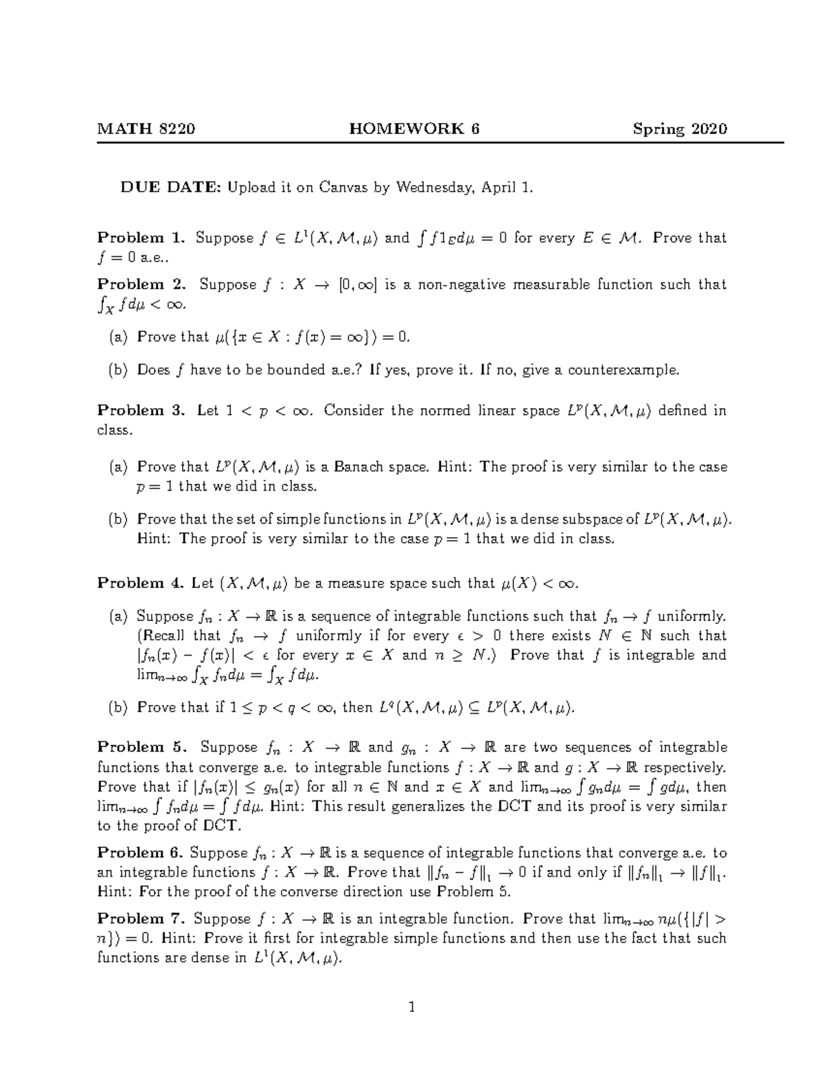 HW6 - HW6 - MATH 8220 HOMEWORK 6 Spring 2020 DUE DATE: Upload it on Canvas by Wednesday, April 1 ...