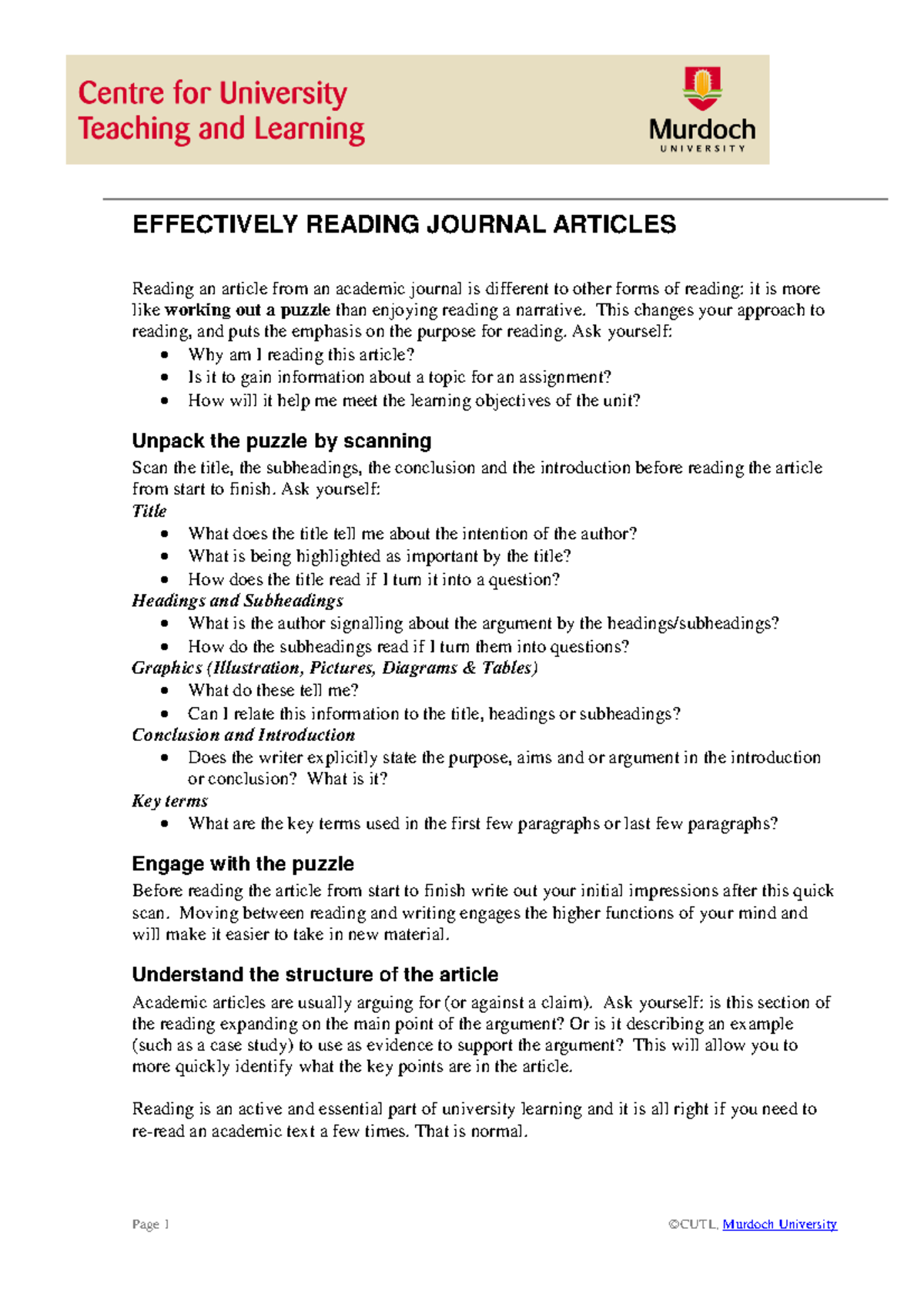 Effectively reading journal articles - Page 1 ©CUTL, Murdoch University ...