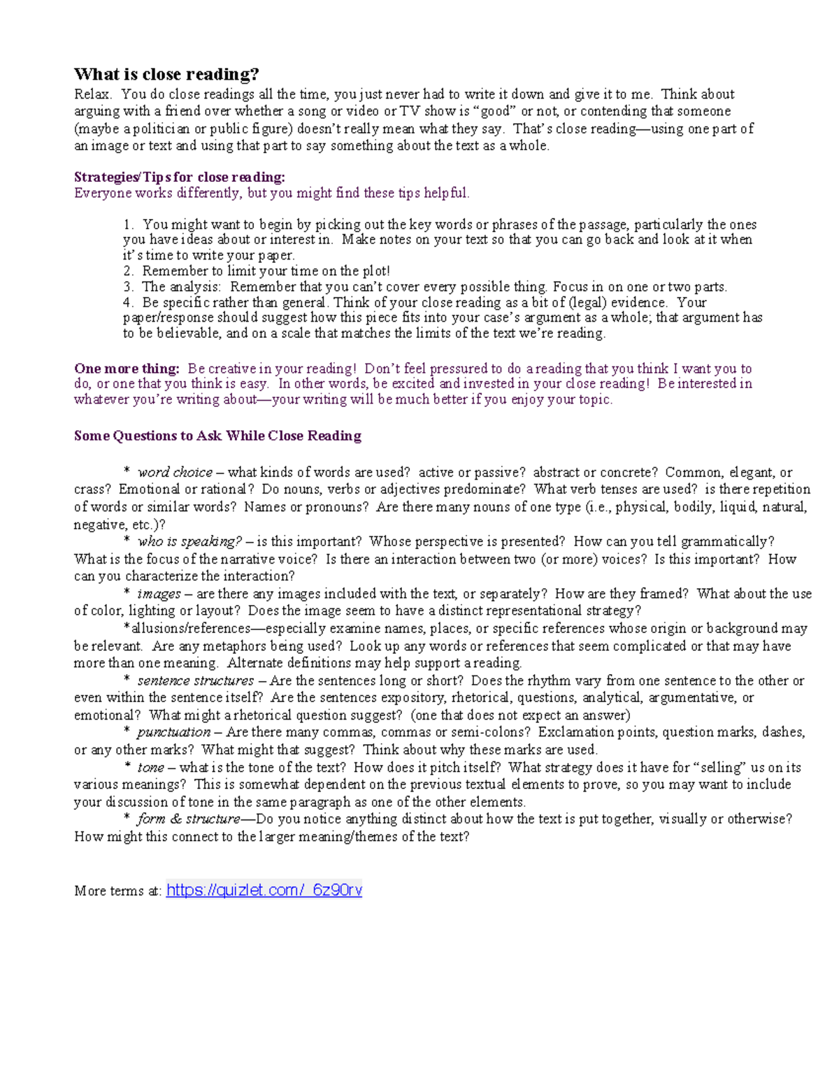 316 close reading handout - What is close reading? Relax. You do close ...