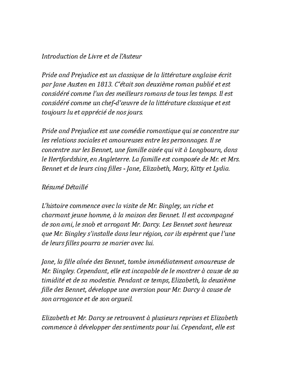 Pride and Prejudice Jane Austen summary - Introduction de Livre et de l ...