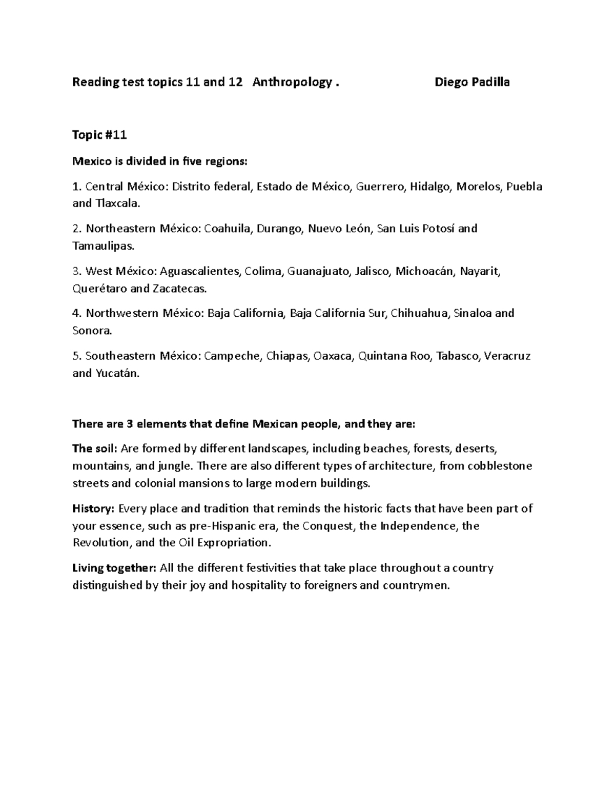 Reading test #5 - Reading test topics 11 and 12 Anthropology. Diego ...